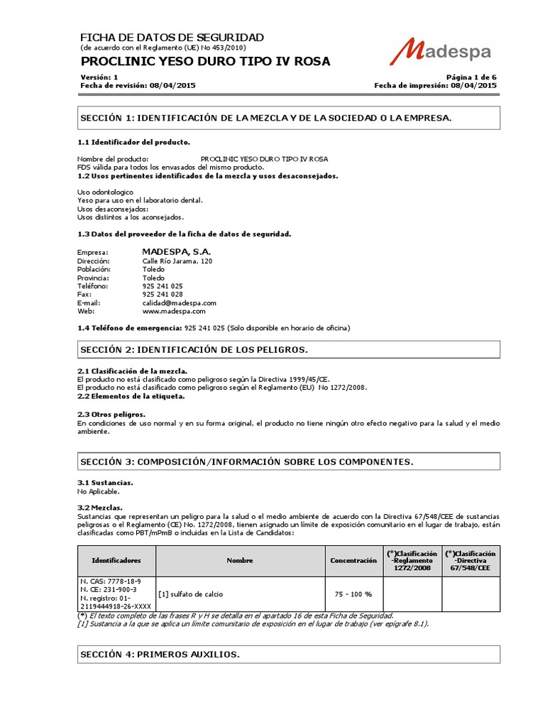0160 - H62010 - Ficha - Tecnica Yeso Natural | PDF | Química | Ciencias ...