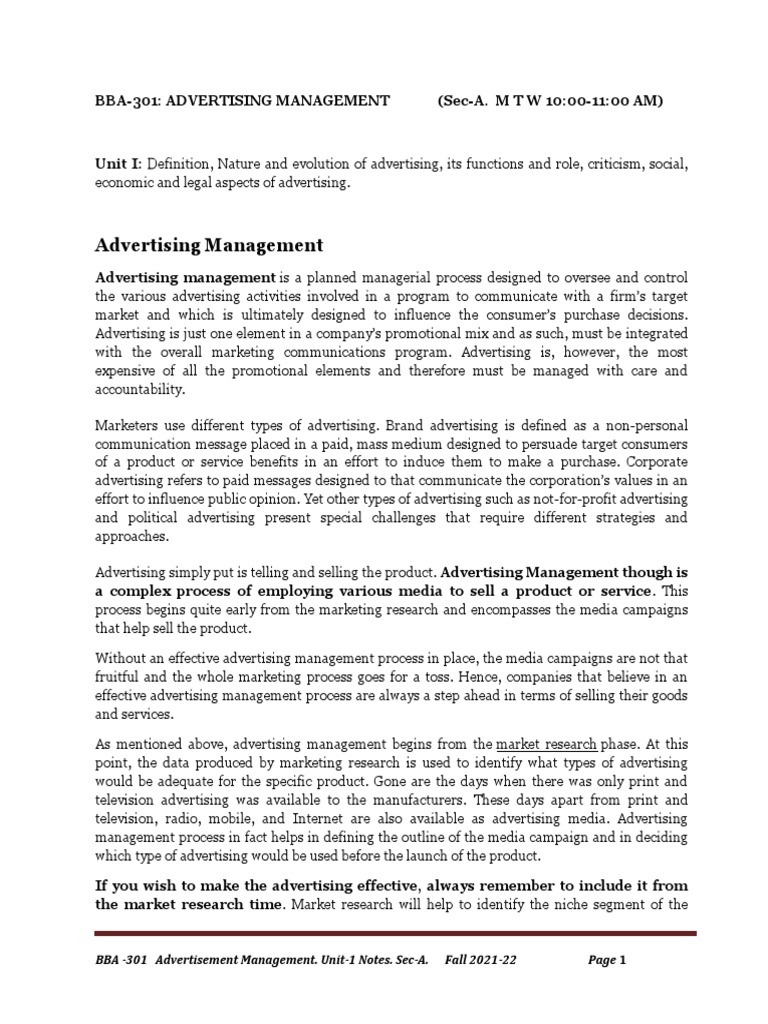 1 Adv MNGT Unit - 1 Notes BBA 301 Sec - A IMS LU - Fall 2021 | PDF ...
