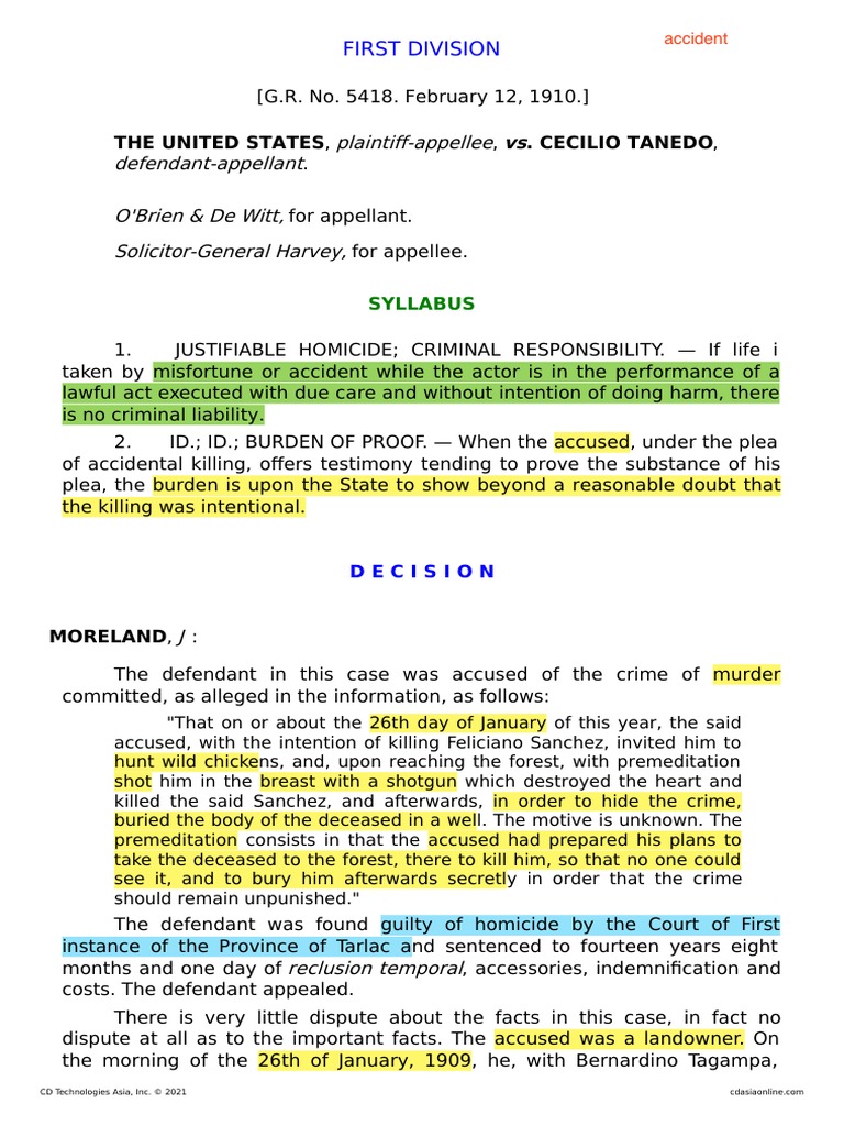 Justifiable Homicide in Hunting Accident | PDF | Reasonable Doubt ...