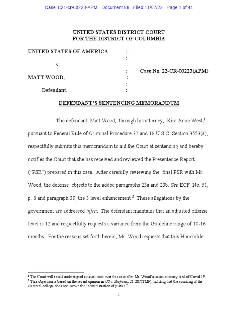 Matthew Wood Sentencing Memorandum | PDF | American Government | Donald ...