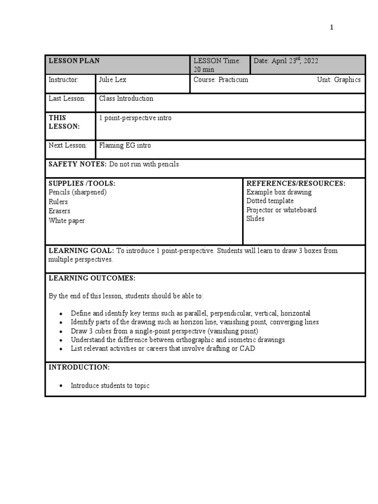 Lesson Plan 1 PT Perspective - Cubes Part 1 | PDF | Perspective ...