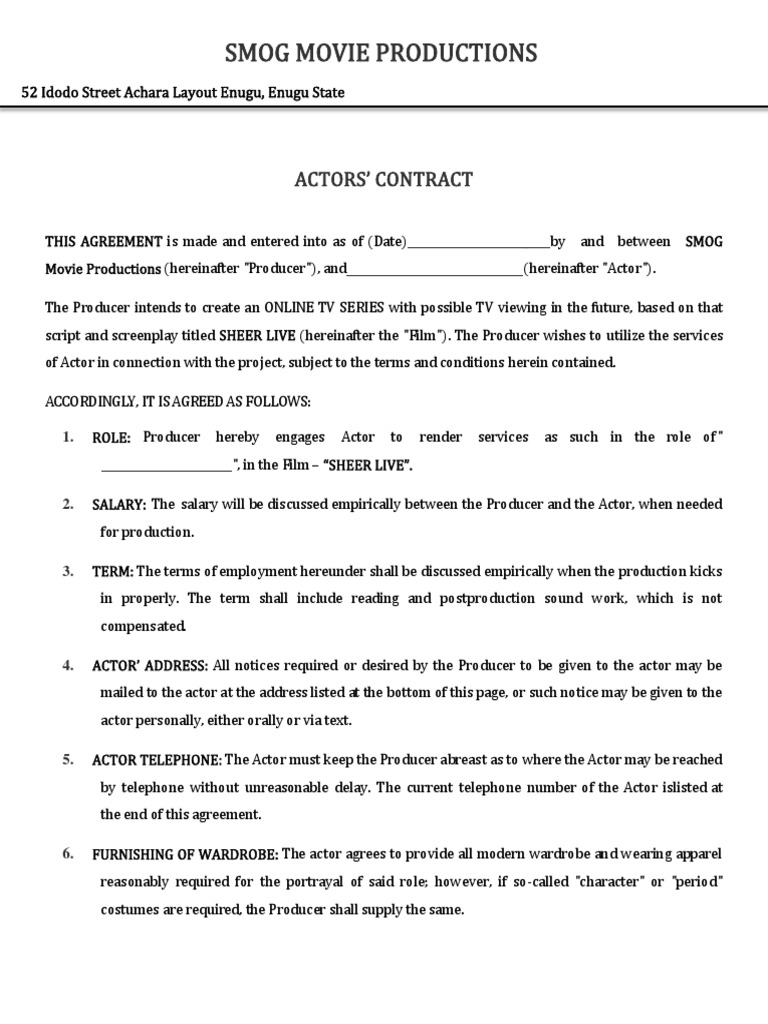Actors Contract Form - SHEER LIFE | PDF | Justice | Crime & Violence