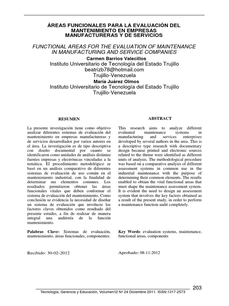 Áreas Funcionales para La Evaluación Del Mantenimiento en Empresas Manufactureras y de Servicios ...
