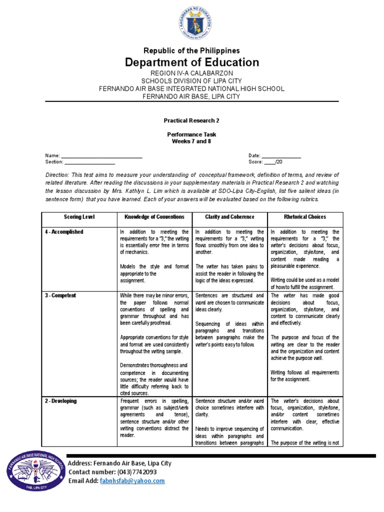 Practical Research 2 - Performance Task 1 | PDF | Paragraph | Rubric ...