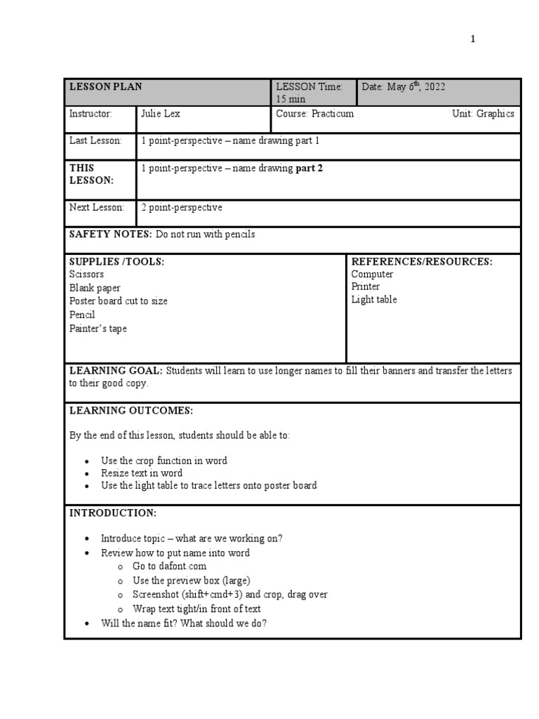Part 2 Lesson Plan Name - 1 Point Perspective | PDF | Lesson Plan | Poster