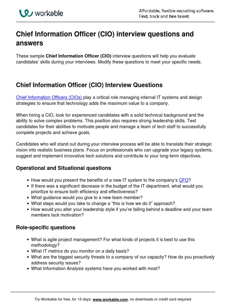Chief Information Officer Cio Interview Questions | PDF | Chief ...