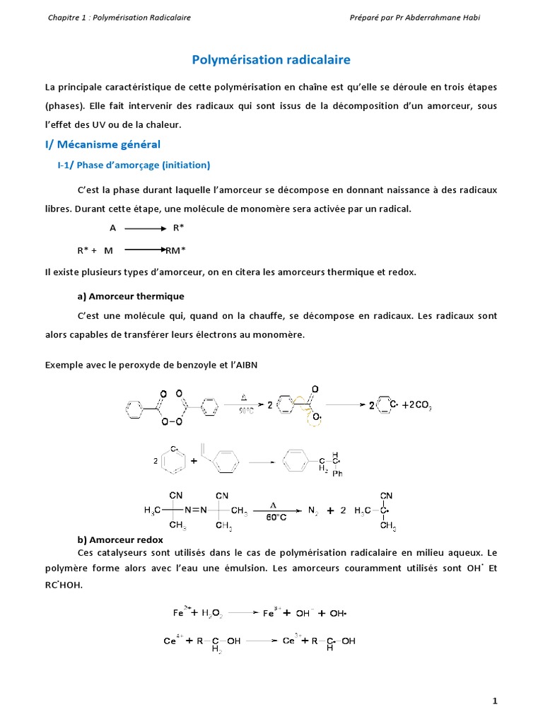 Chapitre 1 Polymérisation Radicalaire M1 GPolym | Download Free PDF ...