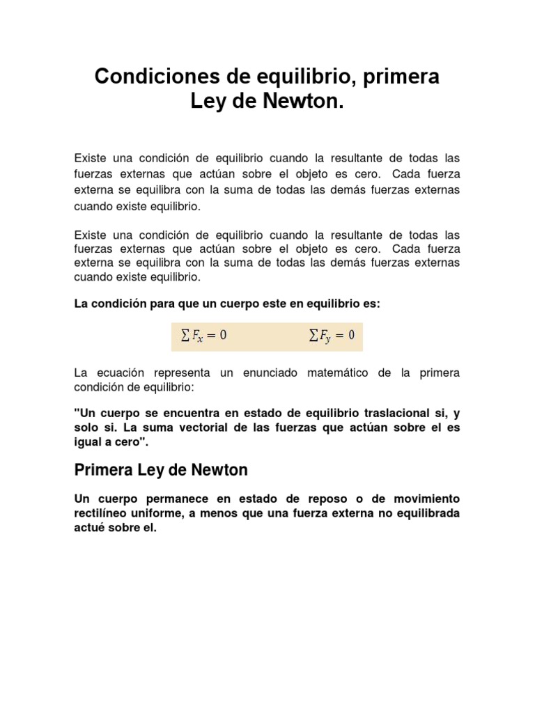 1.4 Condiciones de Equilibrio, Primera Ley de Newton. | PDF | Fuerza | Las leyes del movimiento ...