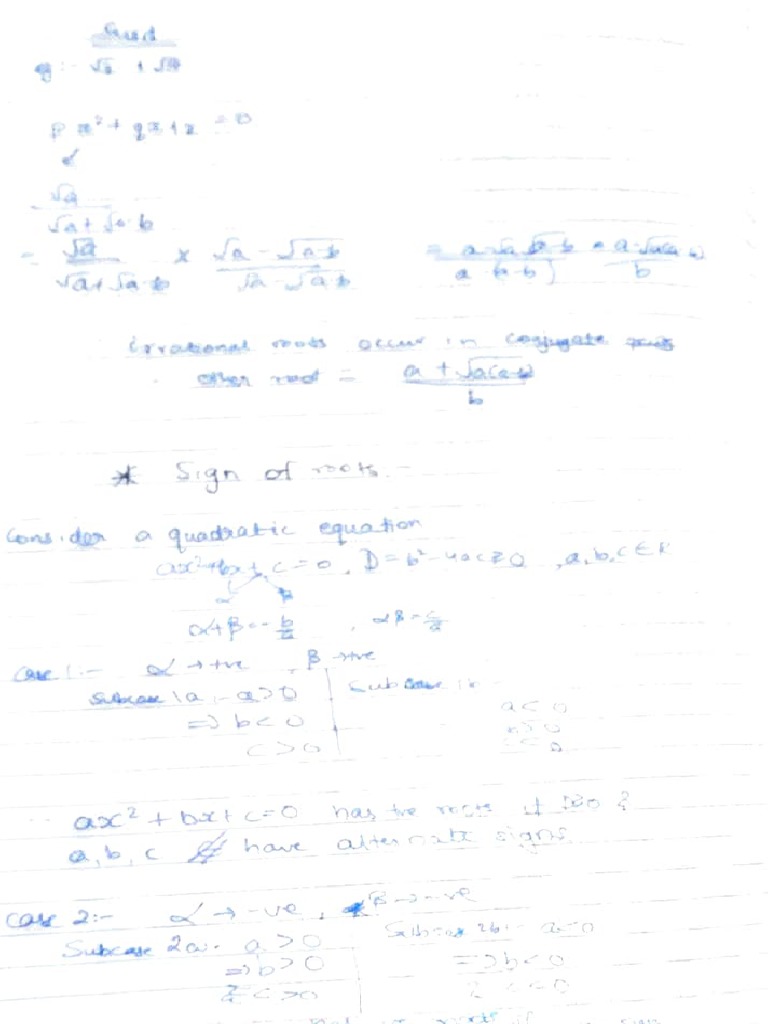 Quadratic Equation Notes Pdf