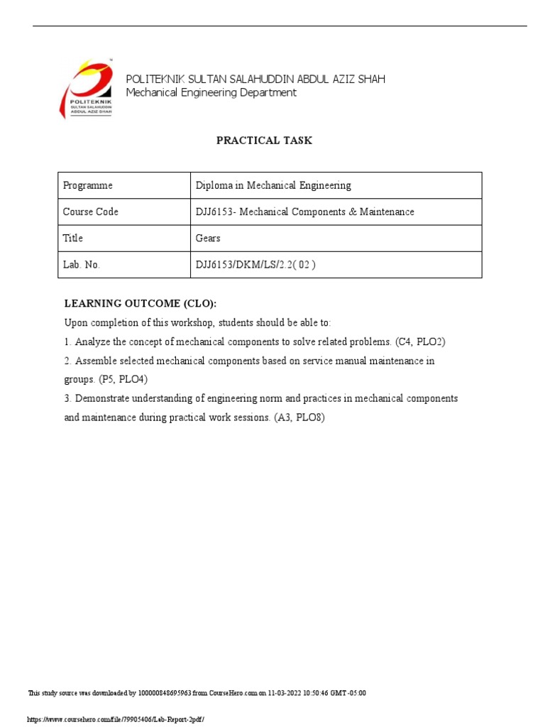 Mechanical Engineering Lab Report on Gears Assembly | PDF | Gear | Bearing (Mechanical)