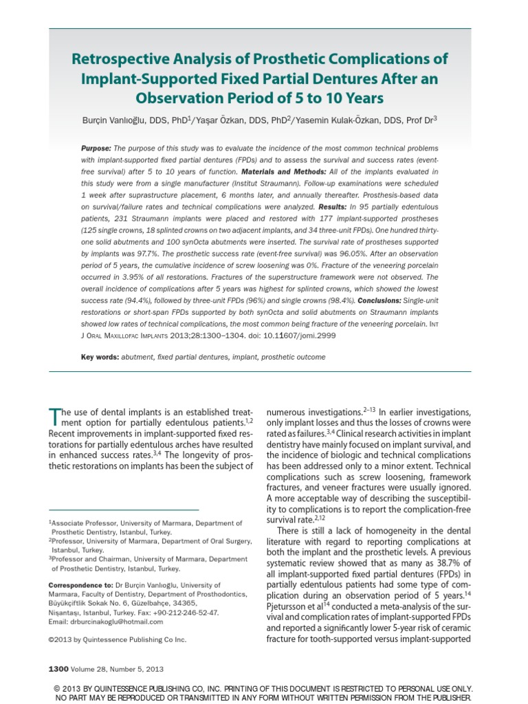 Vanlioglu. Retrospective Analysis of Prosthetic Complications | PDF ...
