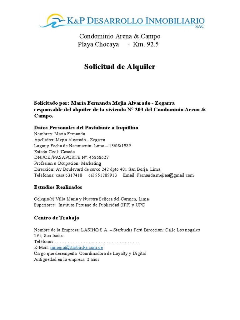 Solicitud de Alquiler en Condominio Chocaya | PDF
