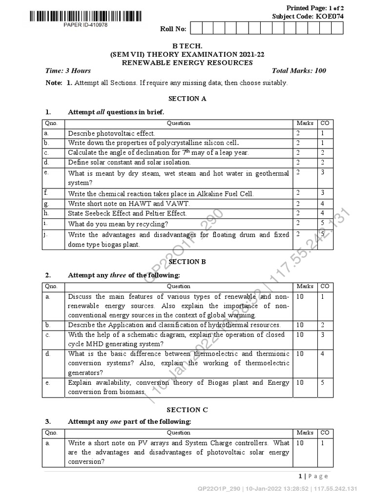 Renewable Energy Resources Exam Questions | PDF | Solar Energy | Power ...