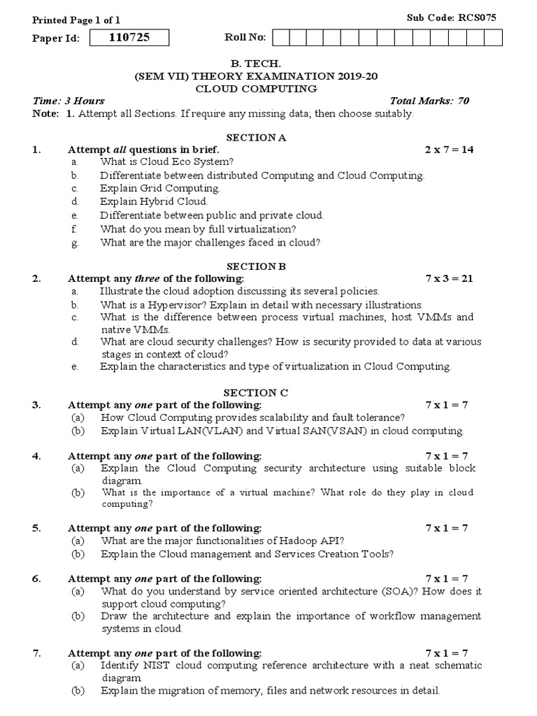 Btech Cs 7 Sem Cloud Computing rcs075 2020 | PDF | Cloud Computing ...