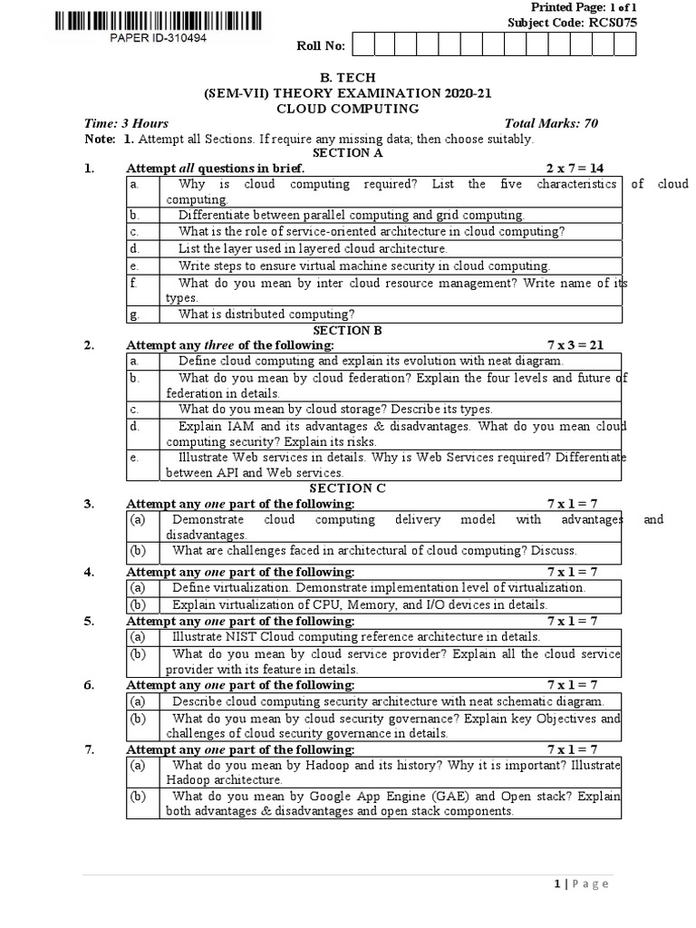 Btech Cs 7 Sem Cloud Computing rcs075 2021 | PDF | Cloud Computing | Computing