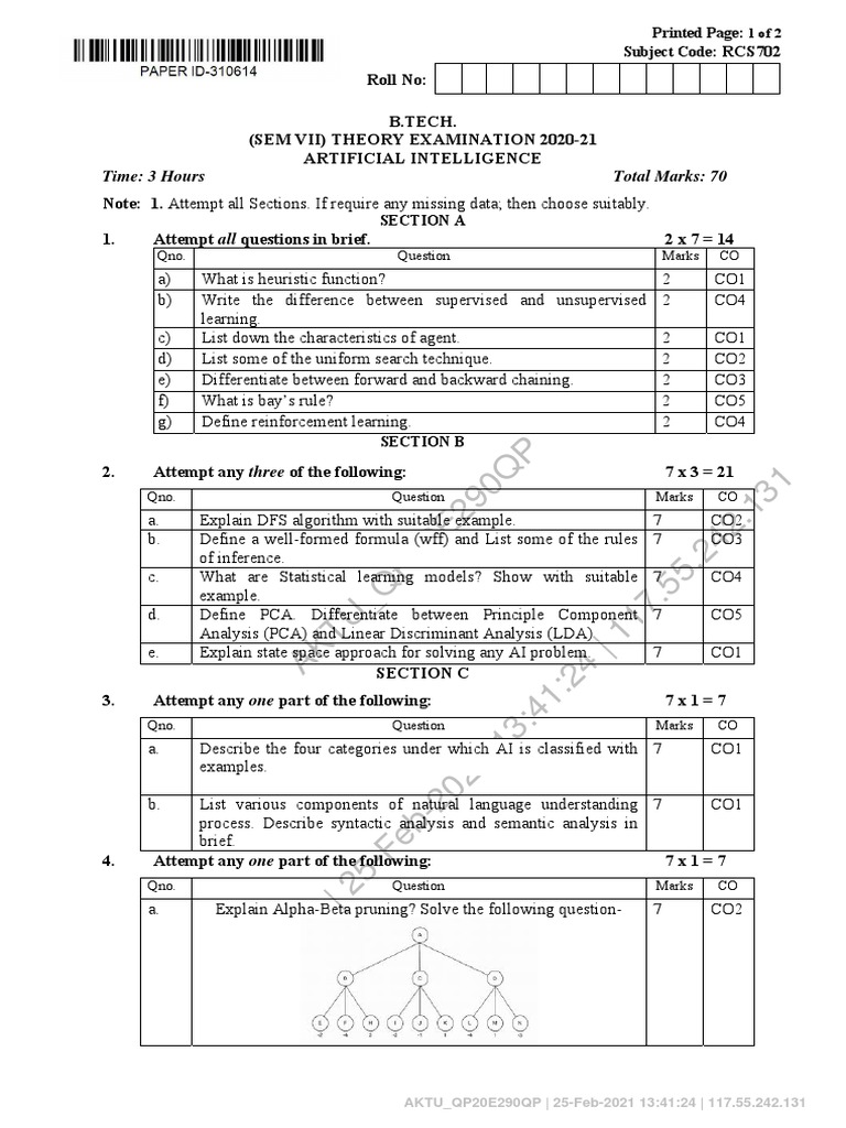 Btech Cs 7 Sem Artificial Intelligence rcs702 2021 | PDF | Artificial ...