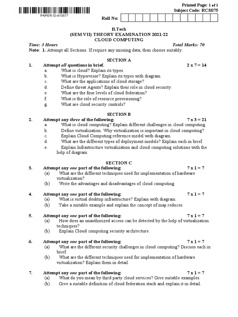 Btech Cs 7 Sem Cloud Computing rcs075 2022 | PDF | Cloud Computing | Virtualization