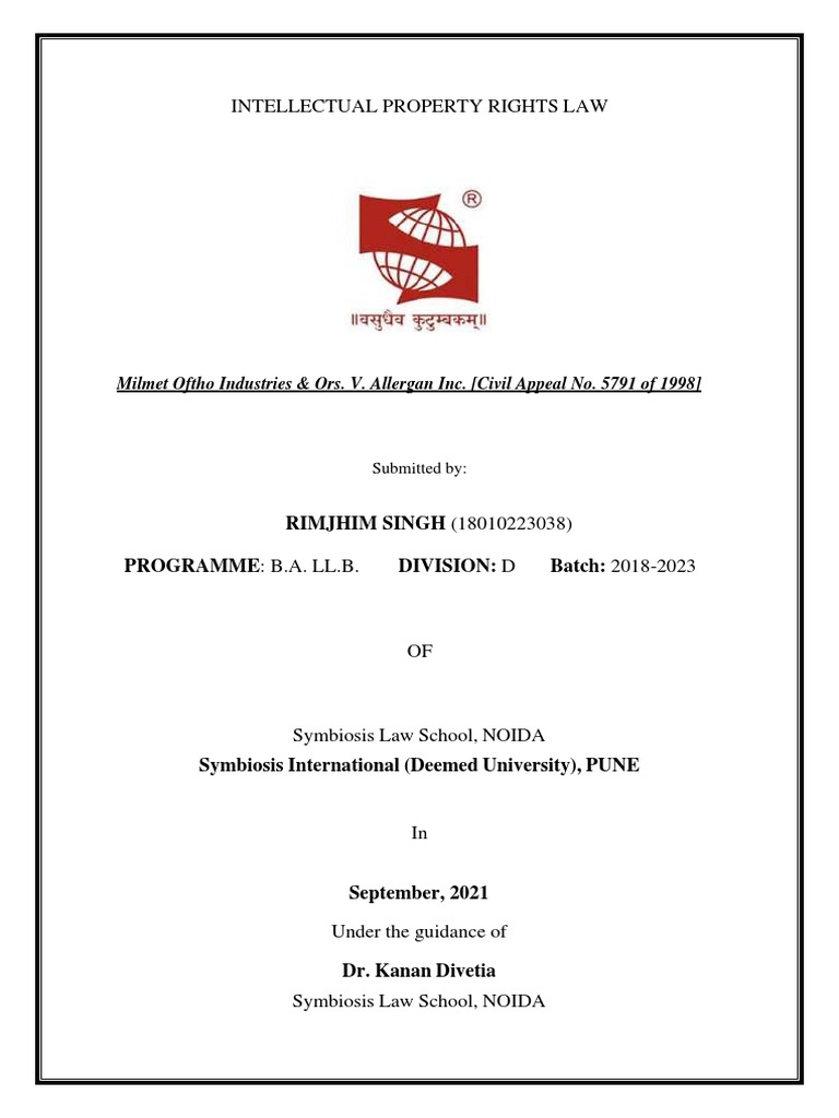 Intellectual Property Rights Law: RIMJHIM SINGH (18010223038) Programme: B.A. Ll.B. Division: D ...