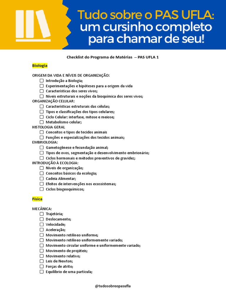 Checklist completo dos conteúdos programáticos das matérias do PAS UFLA ...