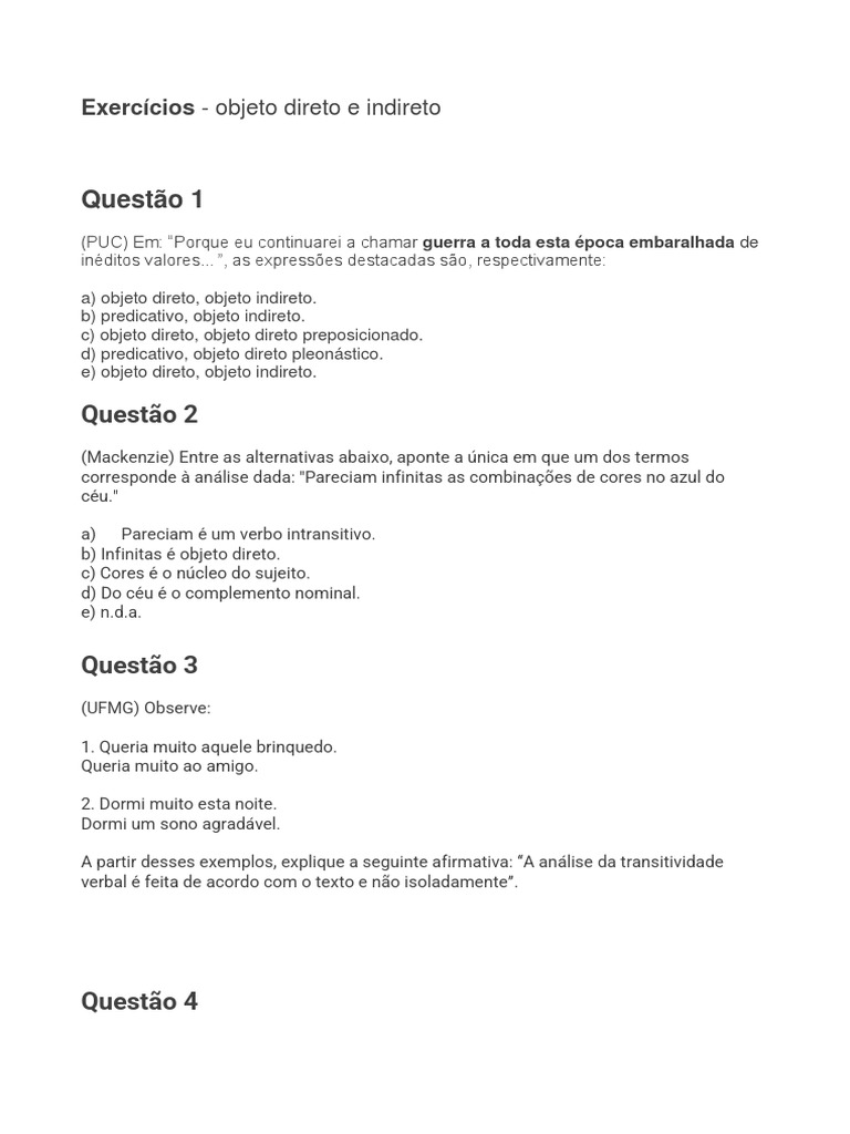 Exercícios Objeto Direto e Indireto | PDF | Objeto (gramática) | Pronome