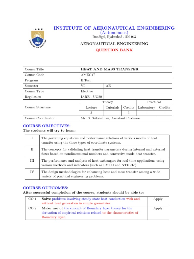 Heat Transfer Course Question Bank | PDF | Thermal Conduction | Heat ...