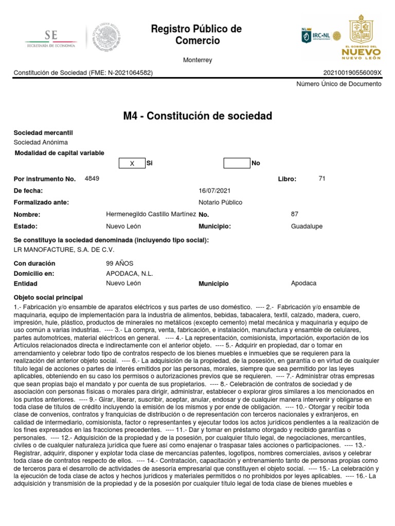 M4 - Constitución de Sociedad: Registro Público de Comercio | PDF | Propiedad | Economias