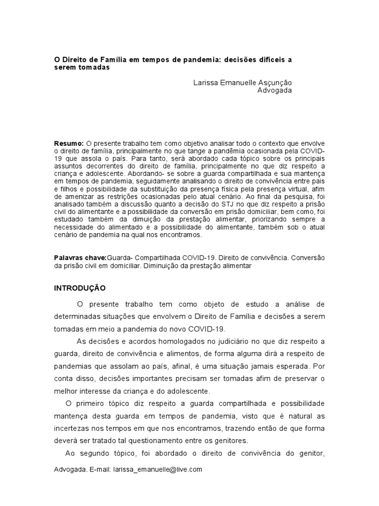 O Direito De Família Em Tempos De Pandemia Decisões Difíceis A Serem Tomadas Pdf Pensão