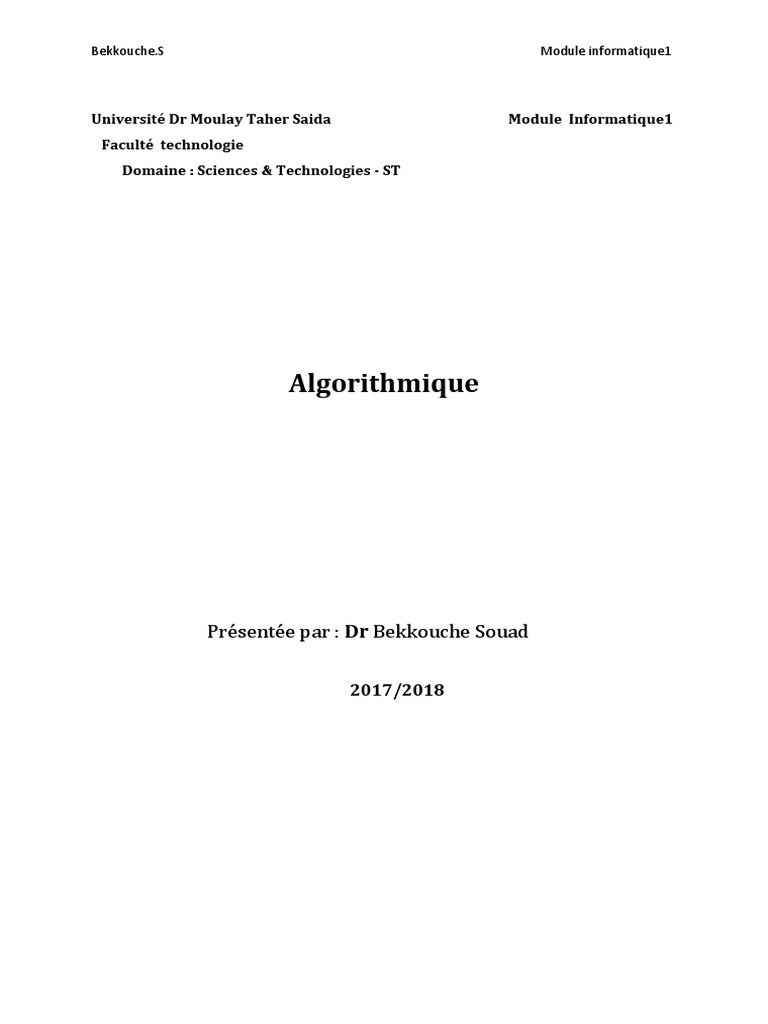 Cours 1ere Année ST Informatique 1 Algorithmique | PDF | Variable (informatique) | Langage de ...