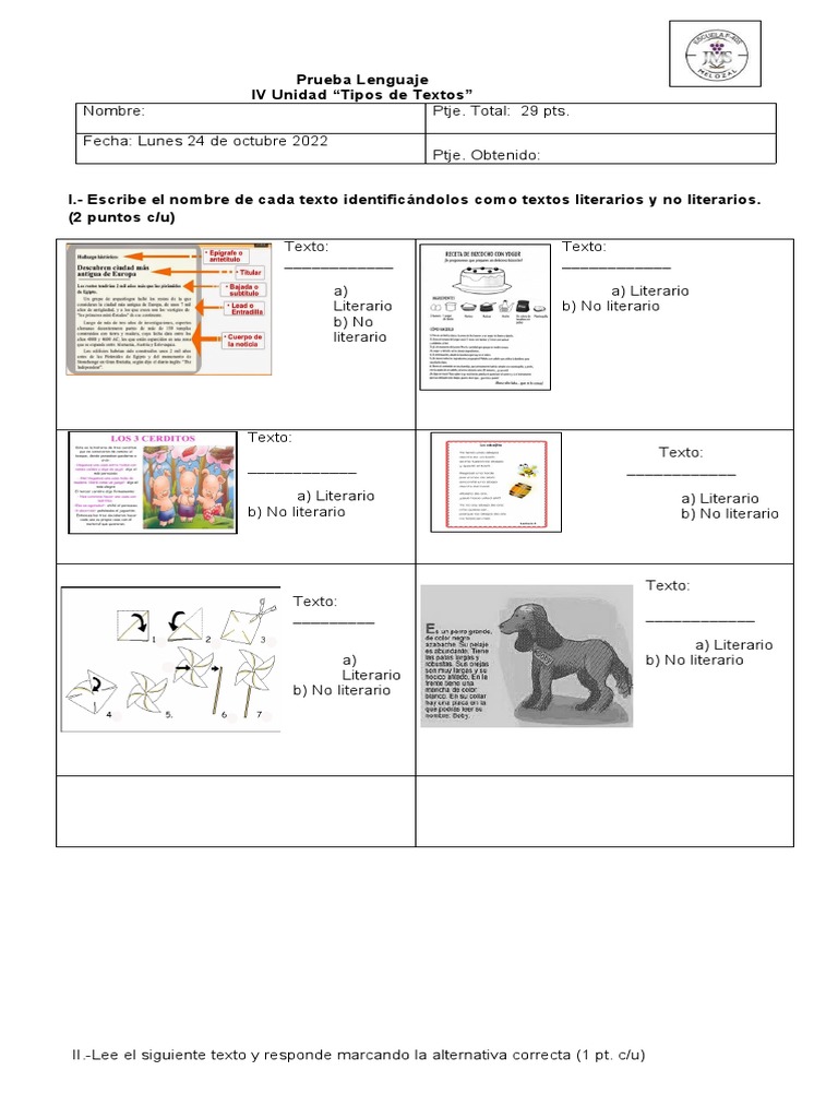 Prueba Lenguaje 2 Basico Tipos de Textos 24-10-2022 | PDF | Tiburones