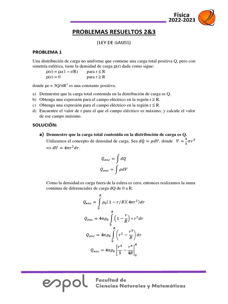 Problemas Resueltos Ley de Gauss | PDF | Campo eléctrico | Integral