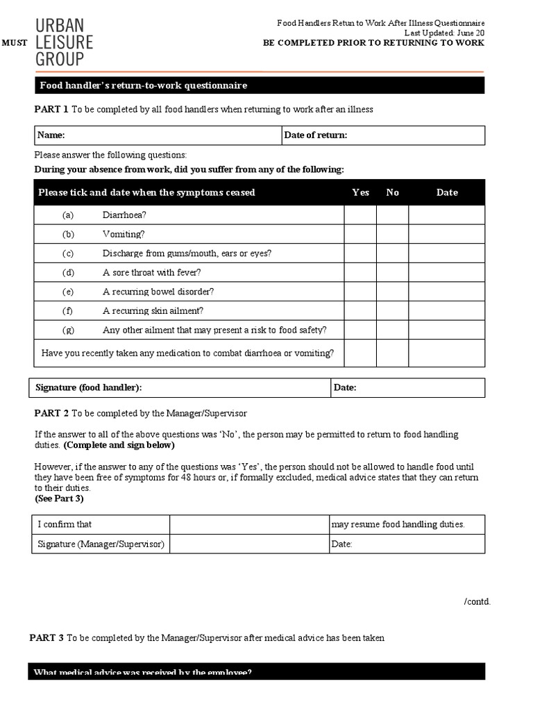Return to Work Questionnaire for Food Handlers After Illness: Ensuring ...
