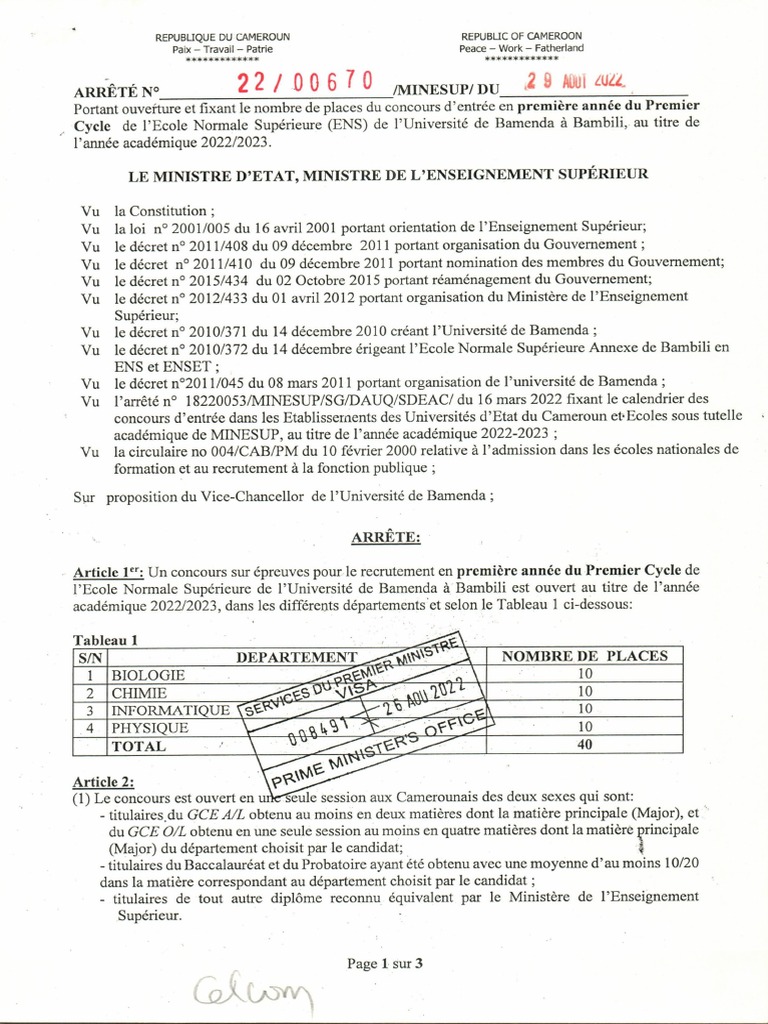 Concours ENS Bambili 2022/2023 | PDF | France
