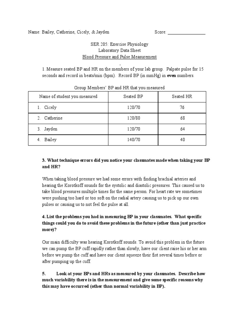 Blood Pressure and Heart Rate Lab Analysis | PDF | Blood Pressure | Pulse
