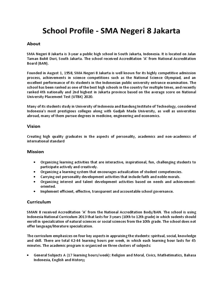 School Profile SMAN 8 Jakarta Indonesia | PDF | Science