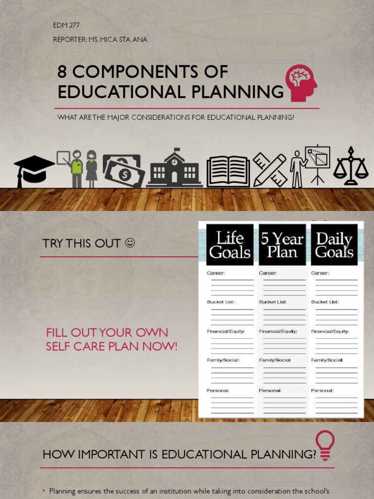 8 Components of Educational Planning: EDM 277 Reporter: Ms. Mica Sta ...