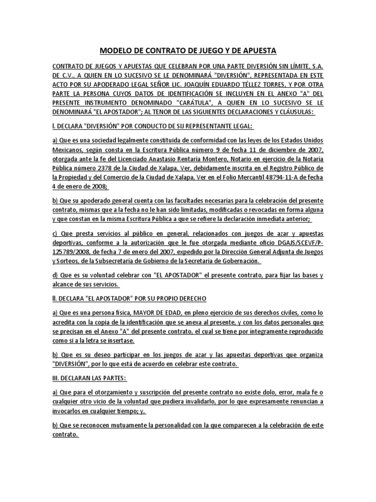 Modelo de Contrato de Juego y de Apuesta | PDF | Seguro de propiedad ...