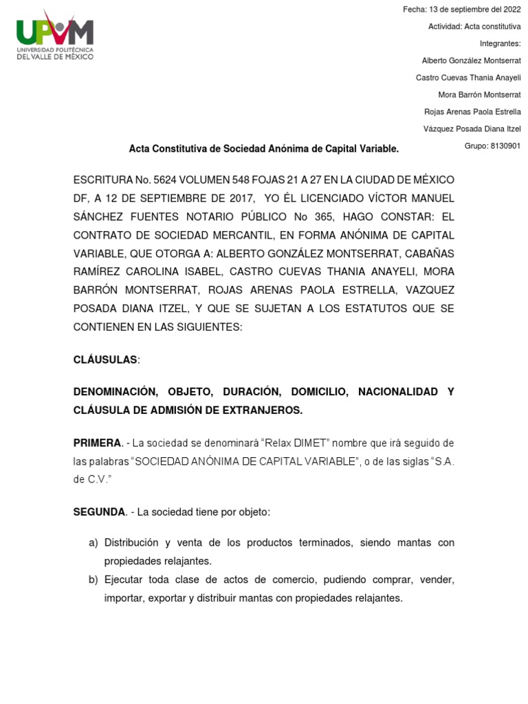 Acta Constitutiva de Sociedad Anónima de Capital Variable | PDF | Sociedad de responsabilidad ...