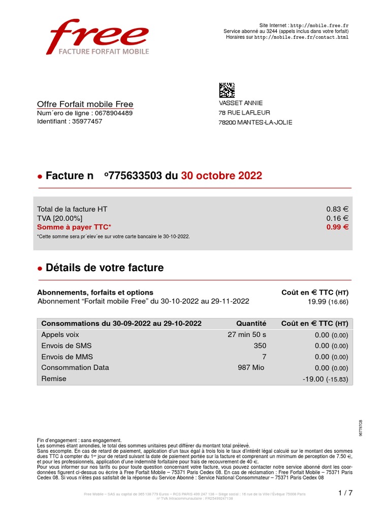 Facture Mobile Free - Octobre 2022 | PDF | Taxe sur la valeur ajoutée ...