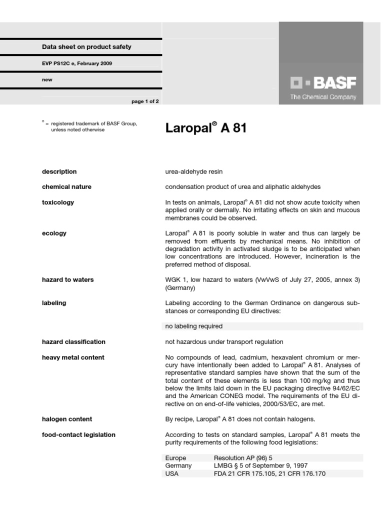Laropal A-81 | PDF | Chemical Substances | Toxicity
