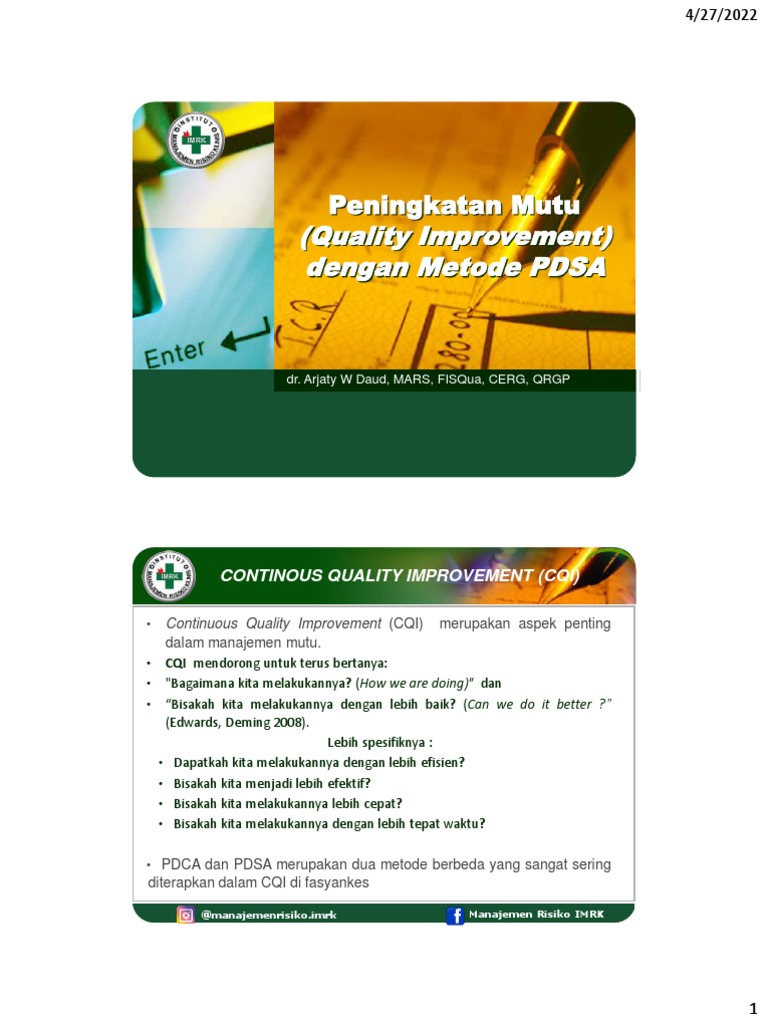 MEMPERBAIKI MUTU PELAYANAN KESEHATAN DENGAN PDSA | PDF