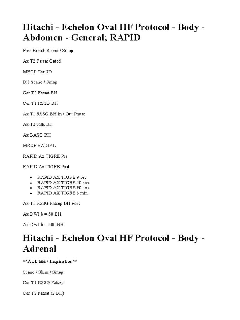 MRI Protocols - Hitachi - Echelon Oval HF | PDF | Knee | Vertebral Column