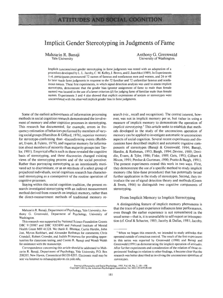 Banaji & Greenwald, 1995 | PDF | Stereotypes | Bias