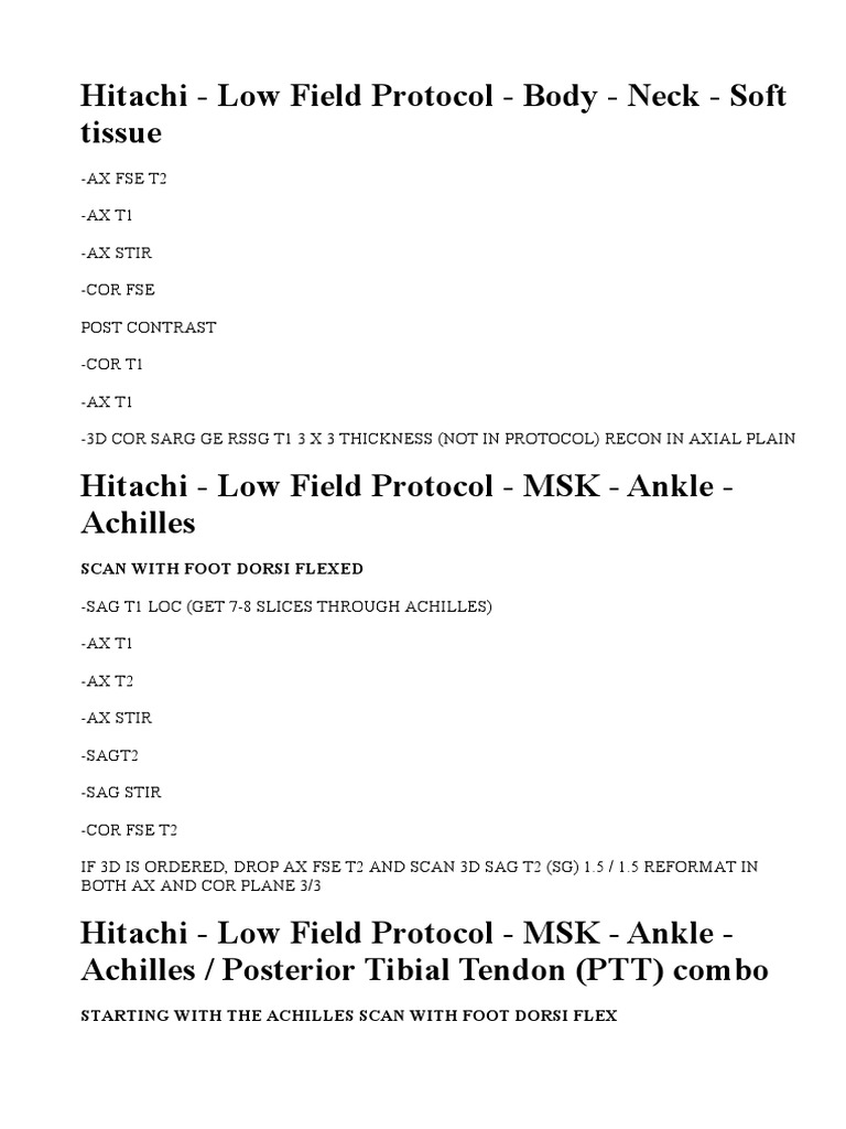 MRI Protocols - Hitachi - Low Field Protocol | PDF | Foot | Ankle