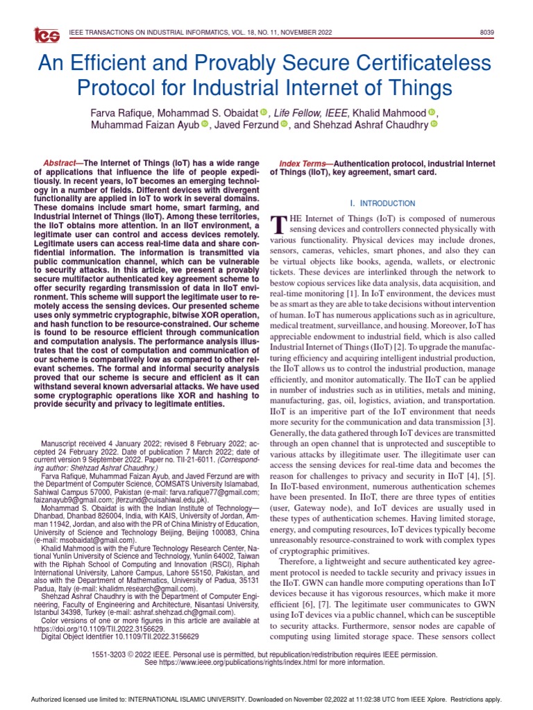 An Efficient and Provably Secure Certificateless Protocol For Industrial Internet of Things ...