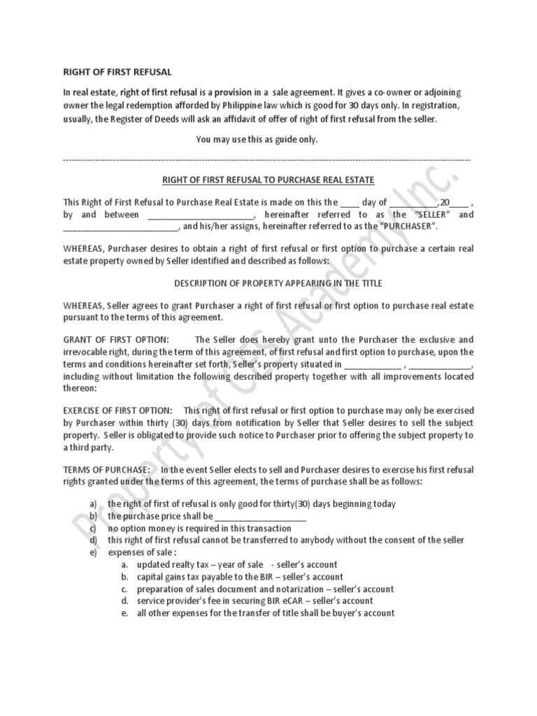 Right of First Refusal in Real Estate | PDF | Sales | Taxes