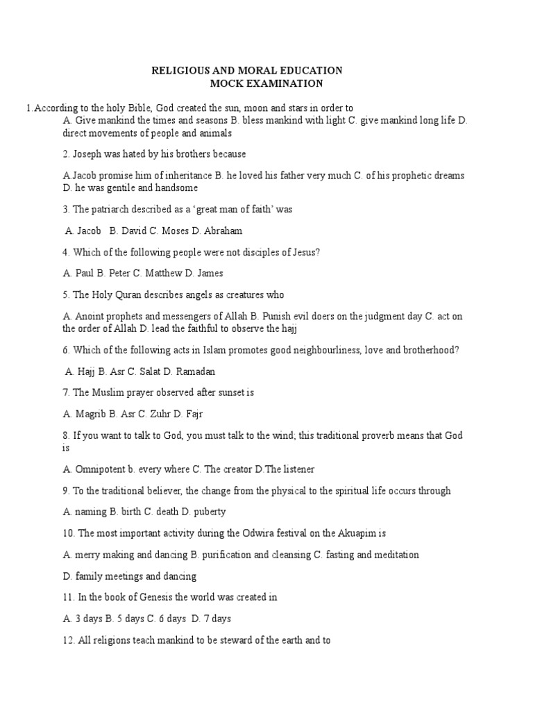 R.M.E Mock Sample Questions | PDF | Prophets And Messengers In Islam ...
