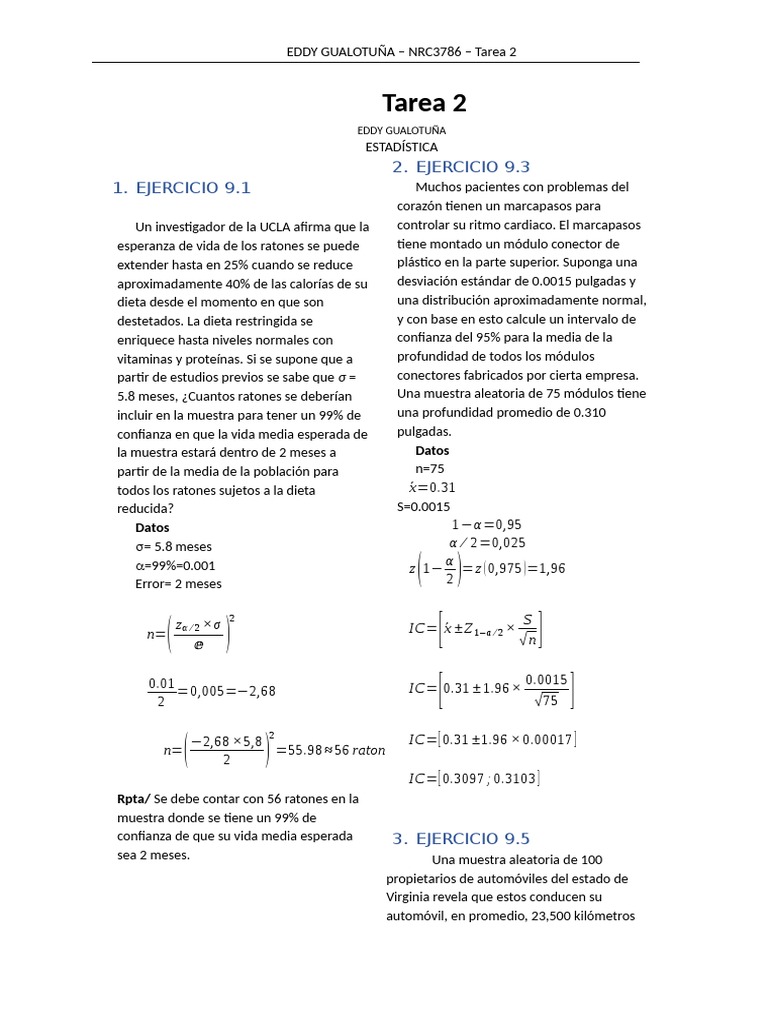 Tarea 2 ESTADISTICA | PDF | Desviación Estándar | Intervalo de confianza