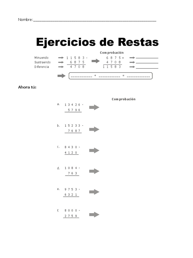 Ejercicios de Restas para Tercero de Primaria | PDF