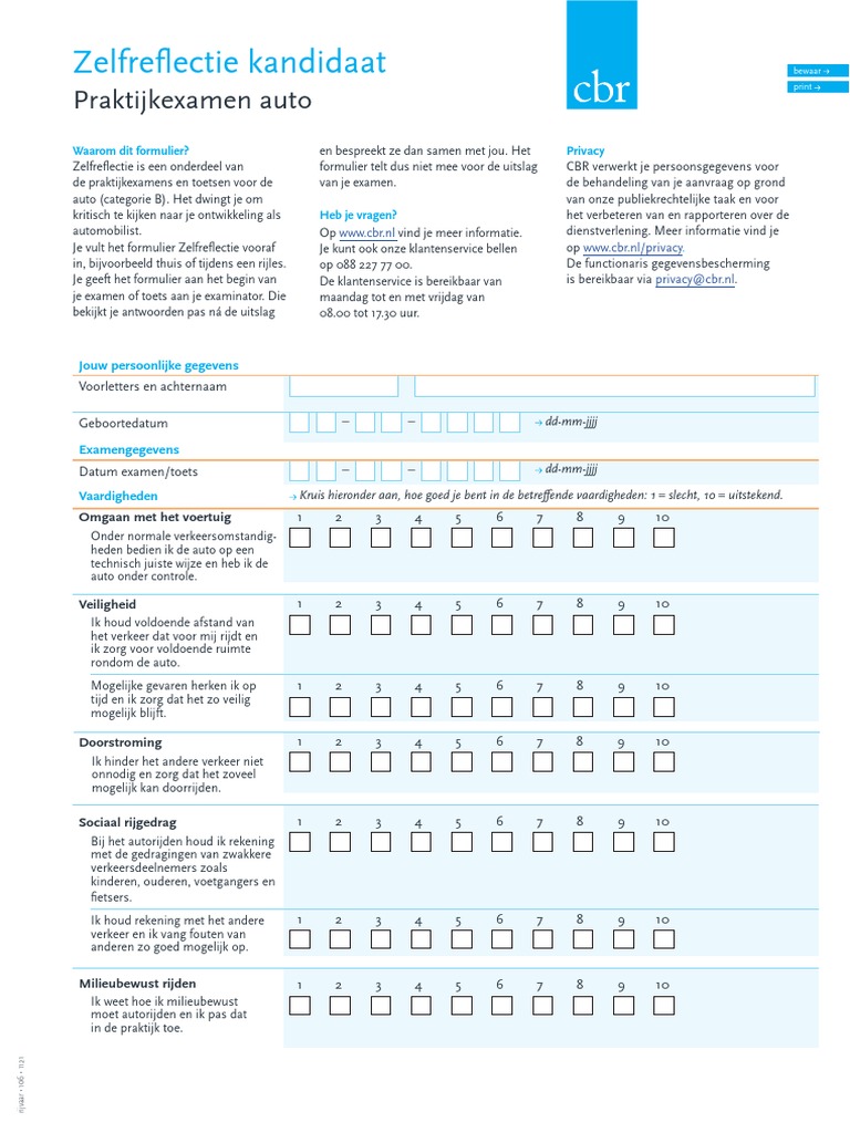 Zelfreflectie Kandidaat Praktijkexamen Auto - NL (Rijvaar-106) | PDF