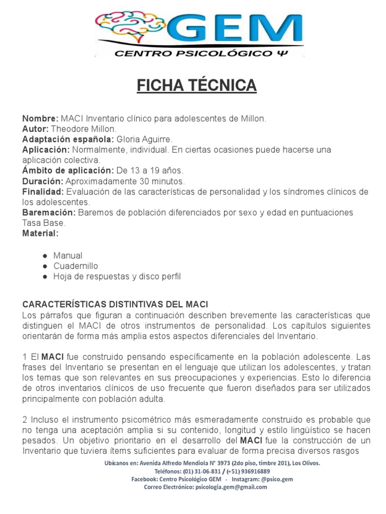 Ficha Técnica del Test MACI para Adolescentes | PDF | Sicología ...
